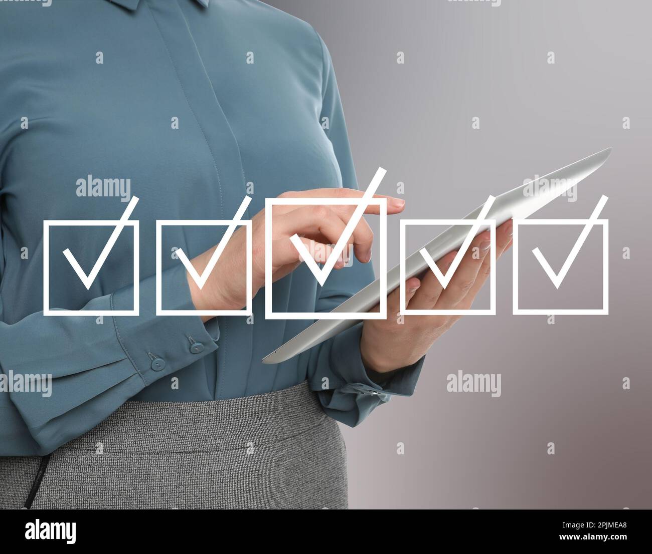 Illustration of check boxes with marks and woman using tablet on light ...