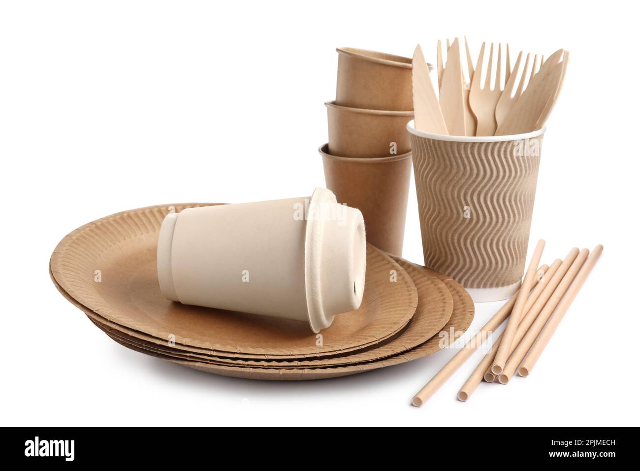 Set of disposable tableware on white background Stock Photo - Alamy