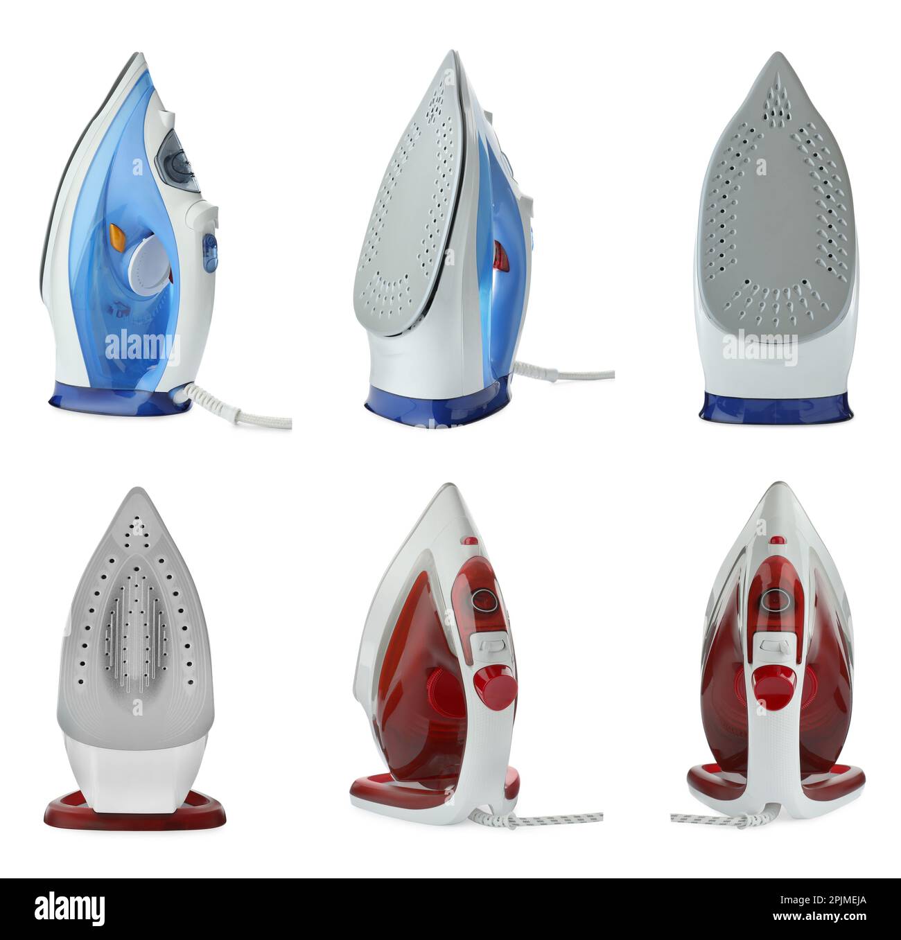 Set with modern irons on white background Stock Photo - Alamy
