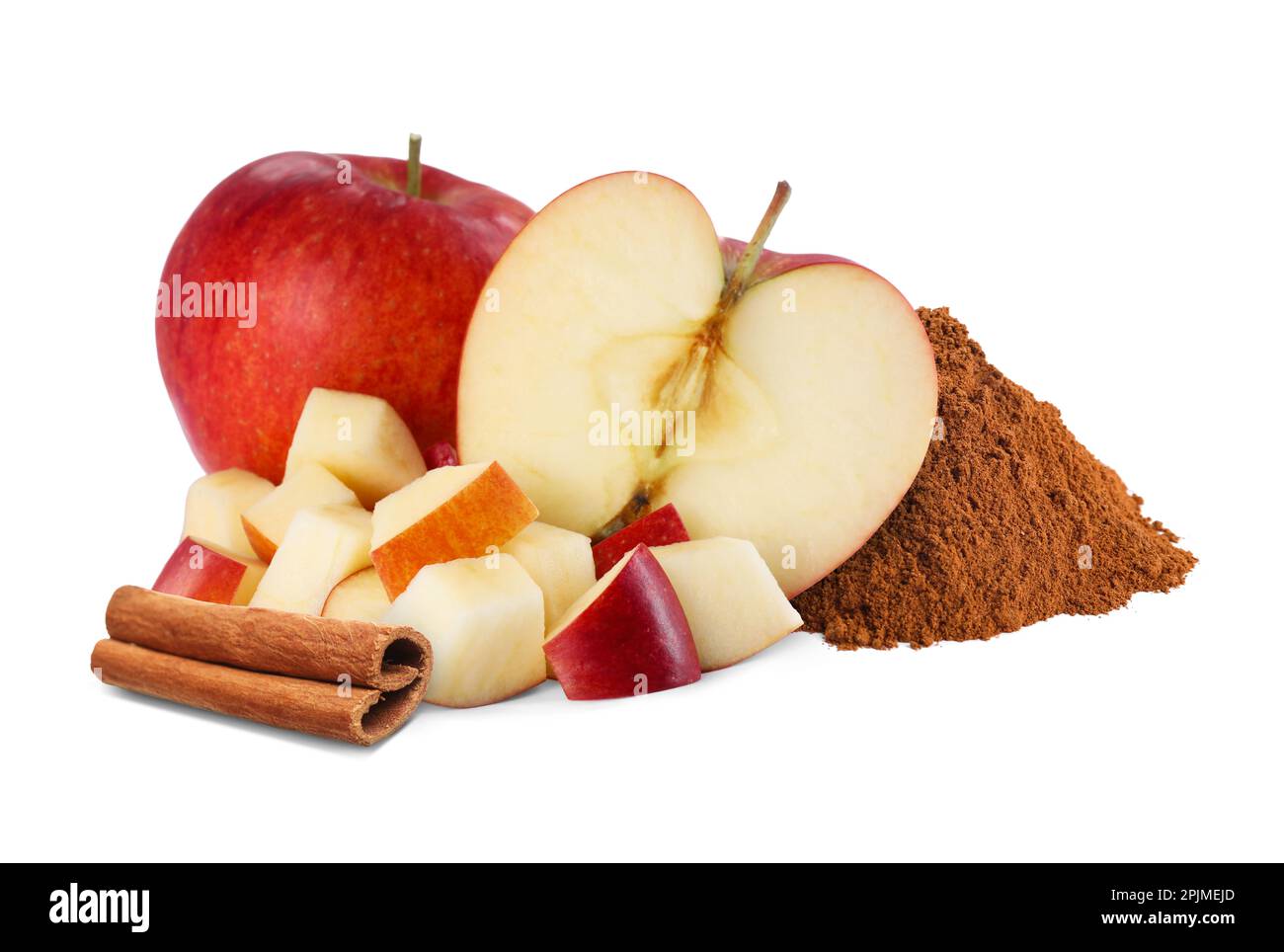 Fresh ripe apples, aromatic cinnamon sticks and powder on white ...
