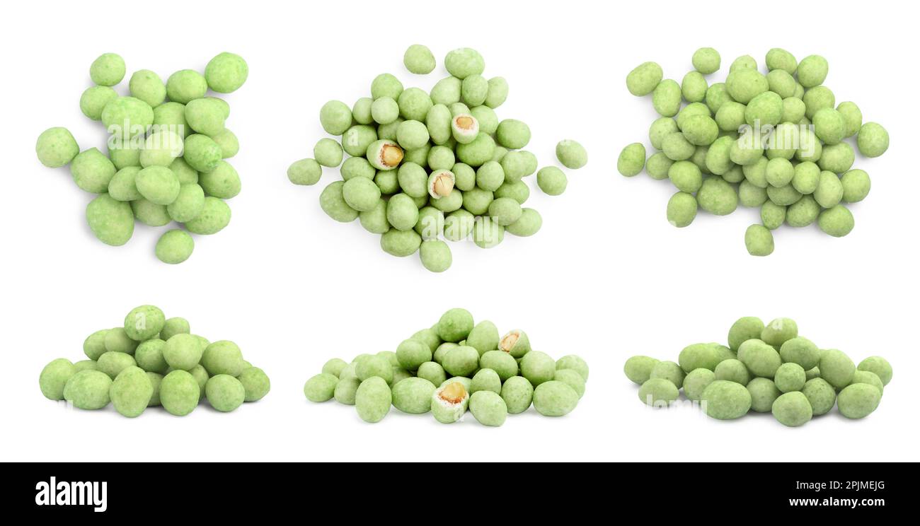 Set with spicy wasabi coated peanuts on white background. Banner design ...