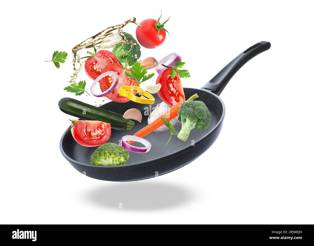 Tasty fresh ingredients and frying pan on white background Stock Photo ...