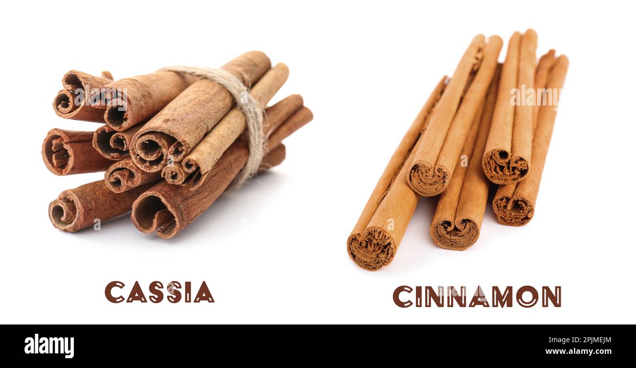 Collage with photos of cassia and ceylon cinnamon sticks on white ...