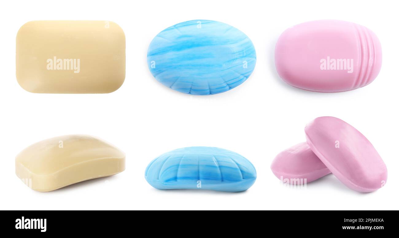Set with different soap bars on white background Stock Photo - Alamy