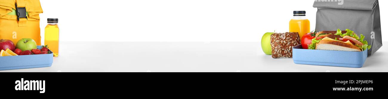 Lunch box with healthy food for schoolchild on white background, space ...