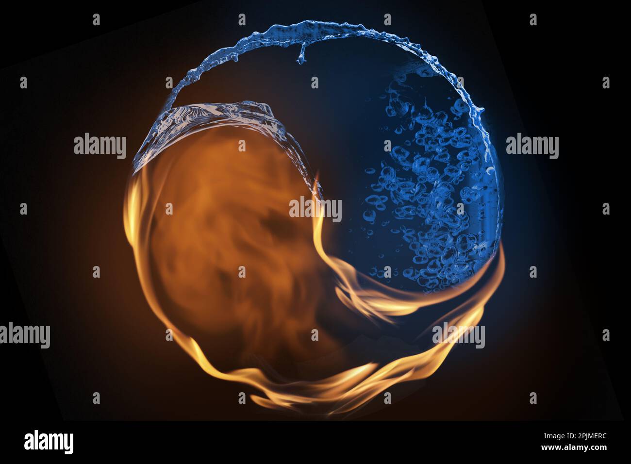 Fire flames and water splashes resembling Yin Yang symbol on black ...