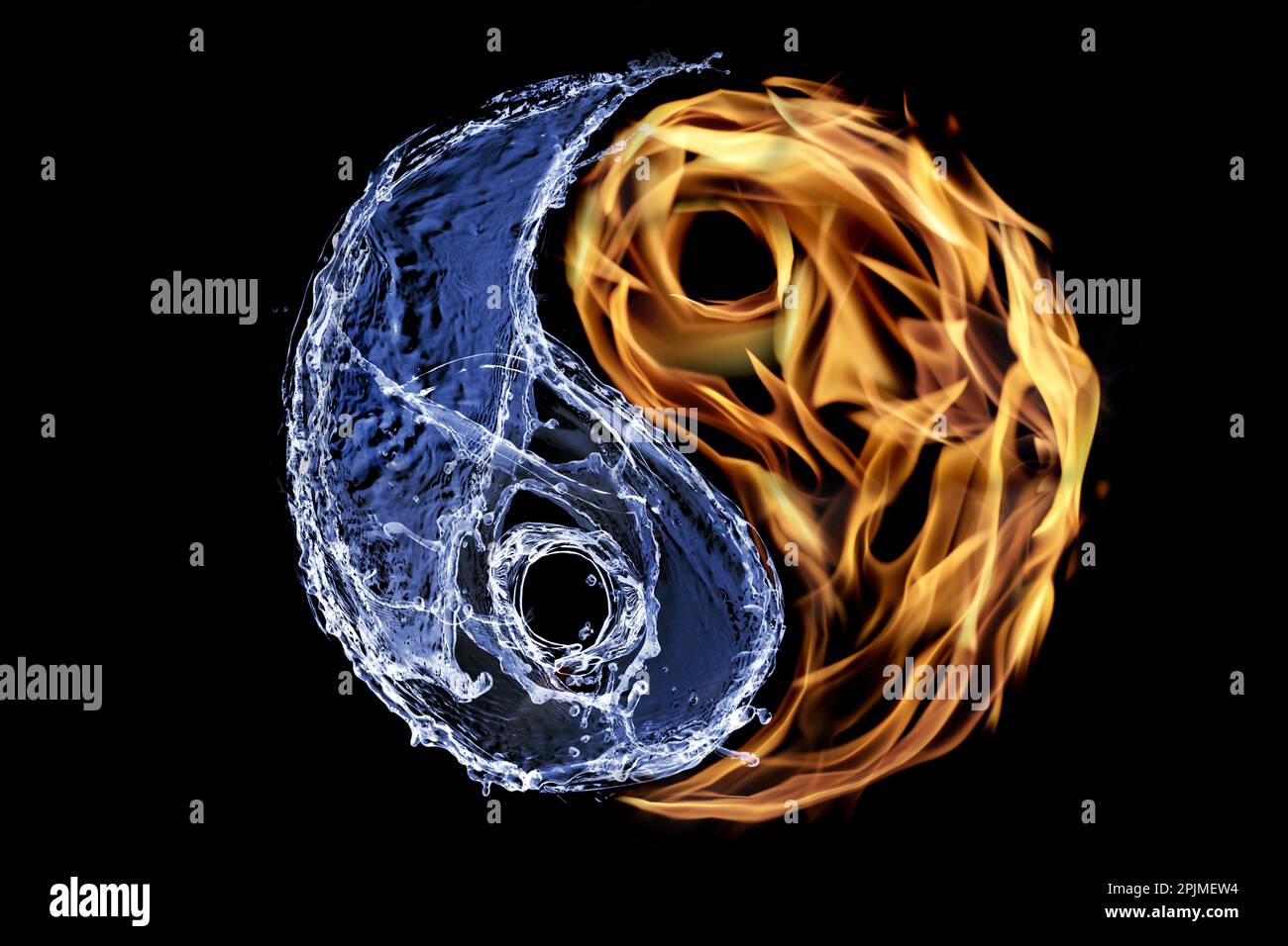 Fire flames and water splashes resembling Yin Yang symbol on black background. Feng Shui ...