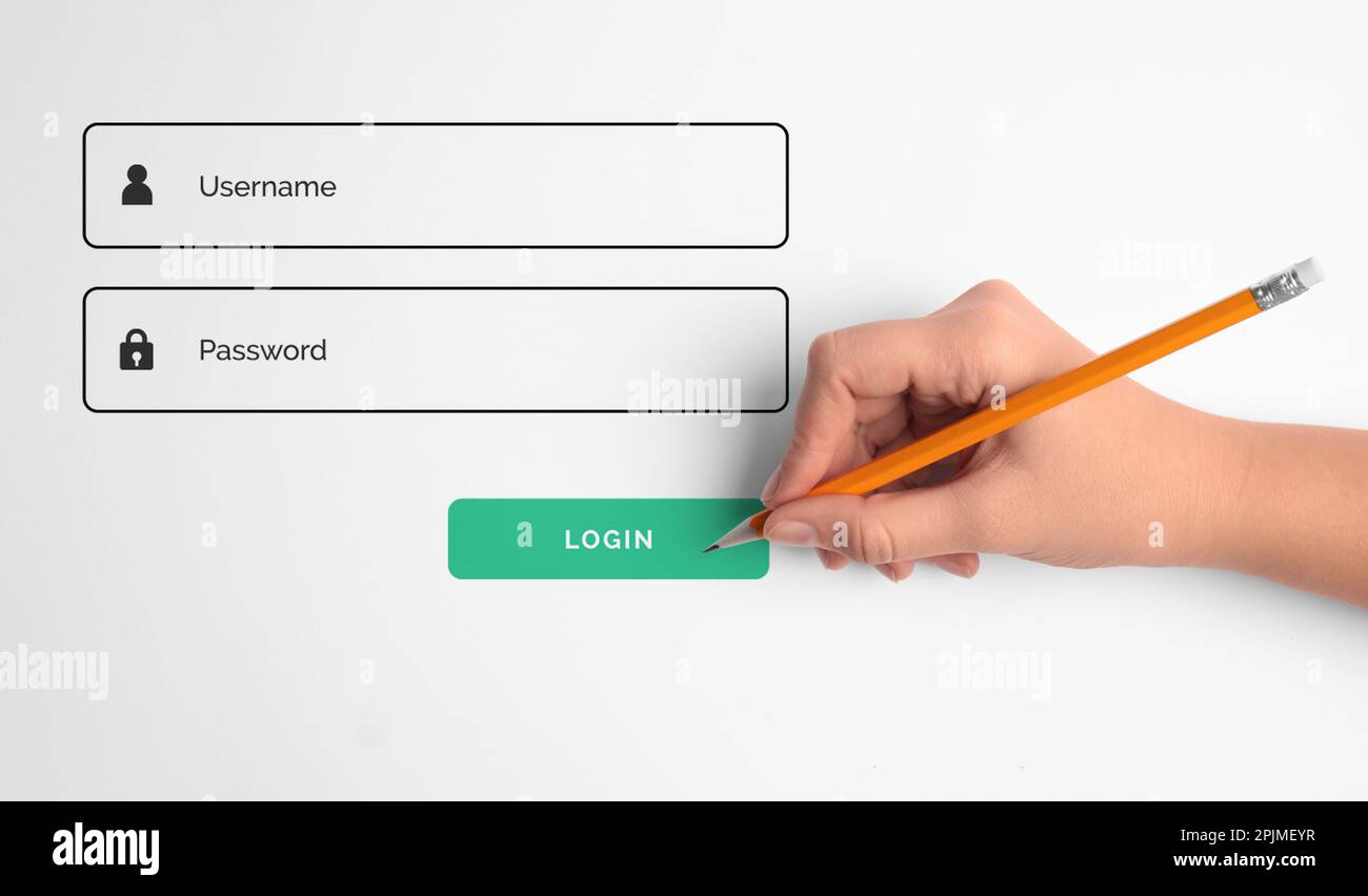 Illustration of authorization interface and woman holding pencil on ...