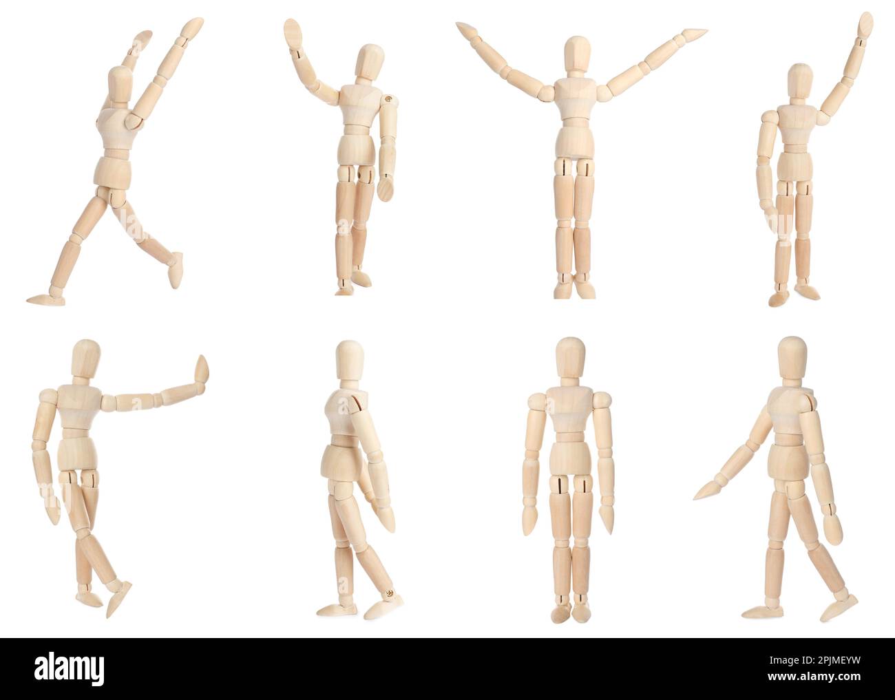 Set with wooden human models in different poses on white background ...