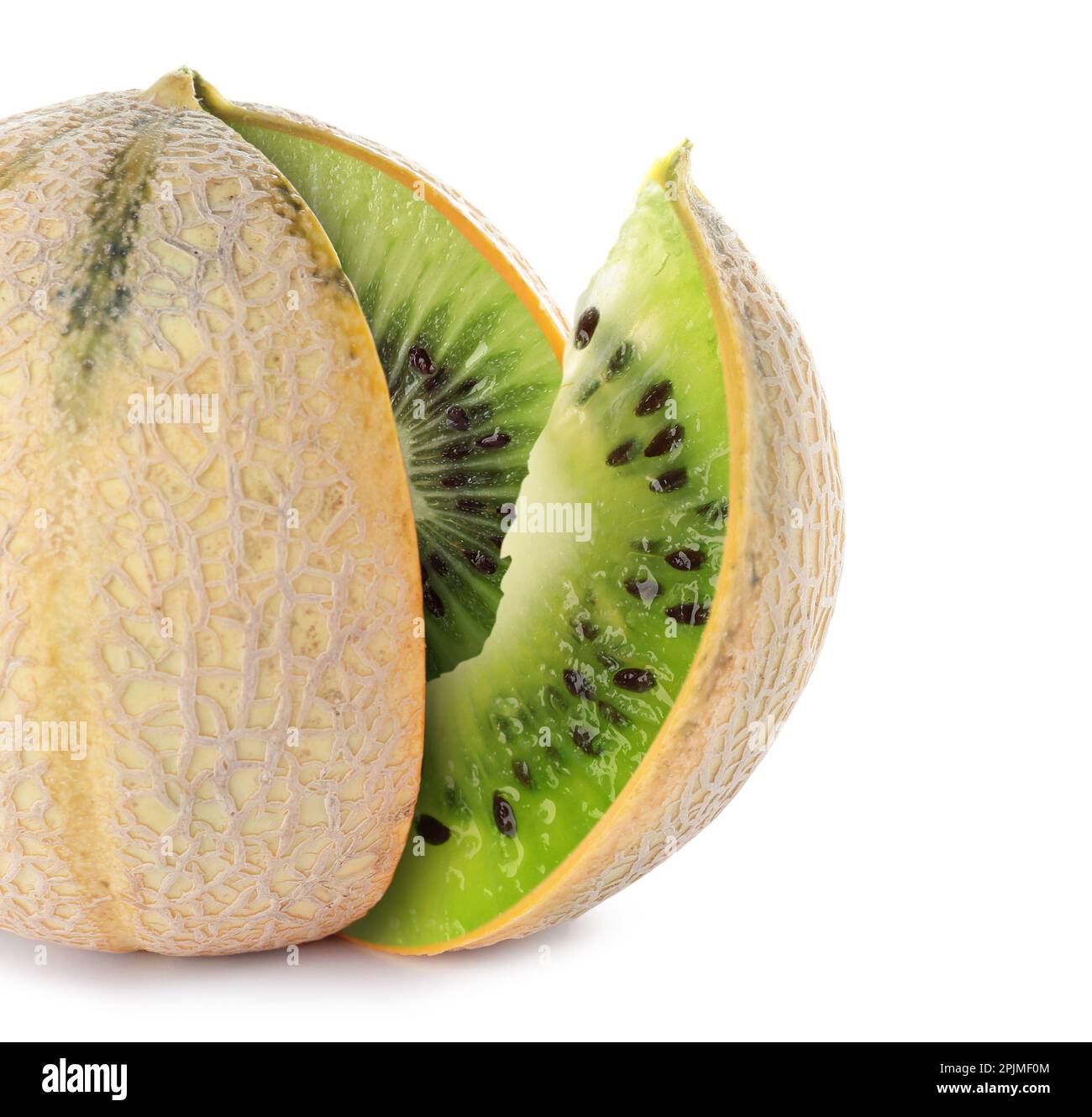 Genetically modified melon with kiwi on white background Stock Photo ...