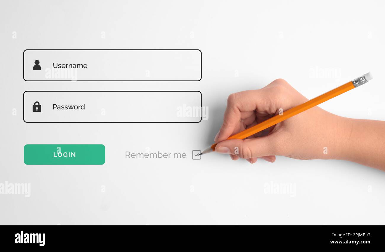 Illustration of authorization interface and woman holding pencil on ...