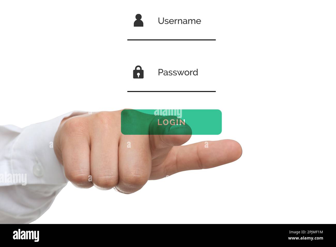 Illustration of authorization interface and man pressing button LOGIN ...
