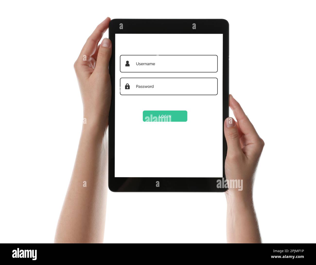 Woman holding tablet with authorization interface on screen against ...