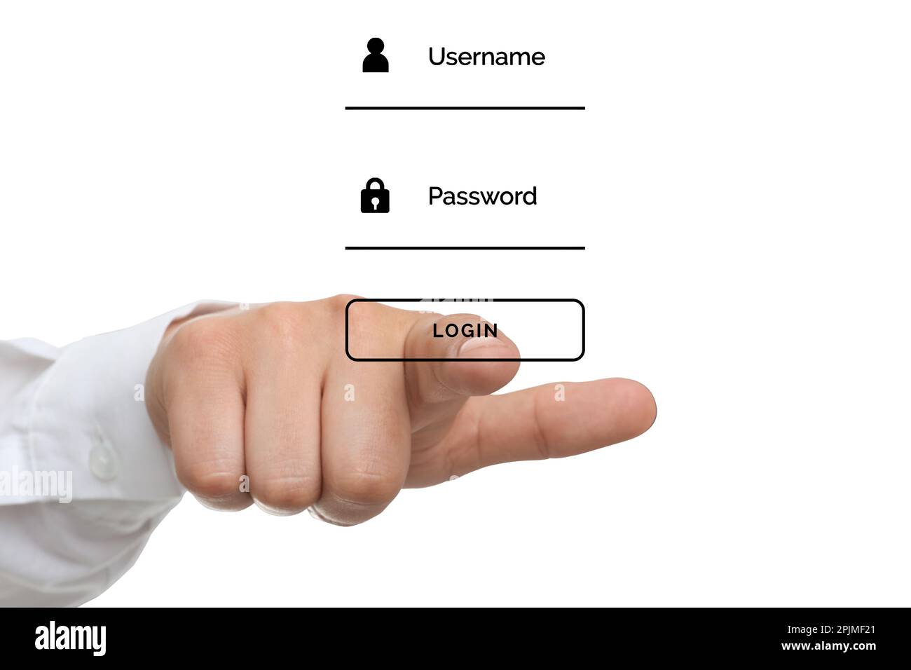 Illustration of authorization interface and man pressing button LOGIN ...