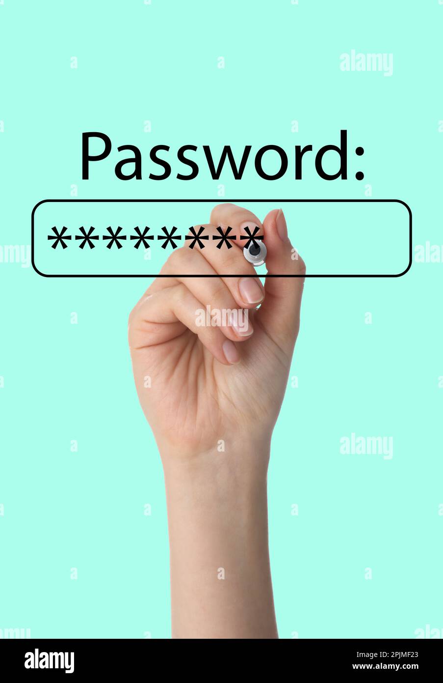 Illustration of authorization interface and woman with marker on cyan ...