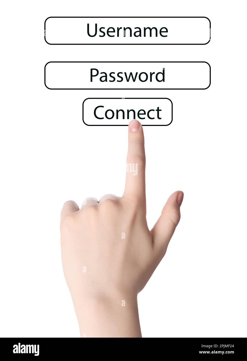 Illustration of authorization interface and woman pressing button ...