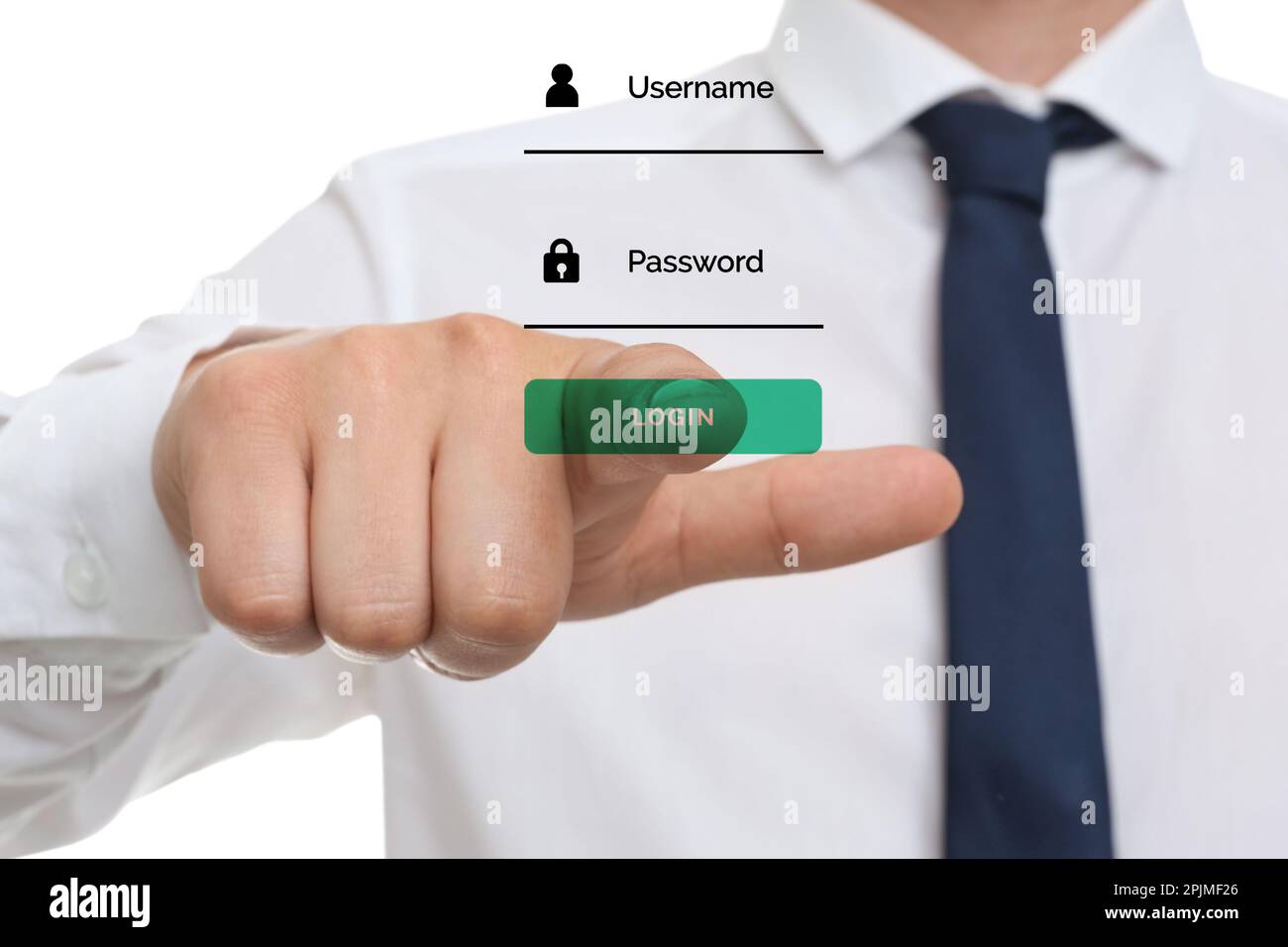 Illustration of authorization interface and man pressing button LOGIN ...