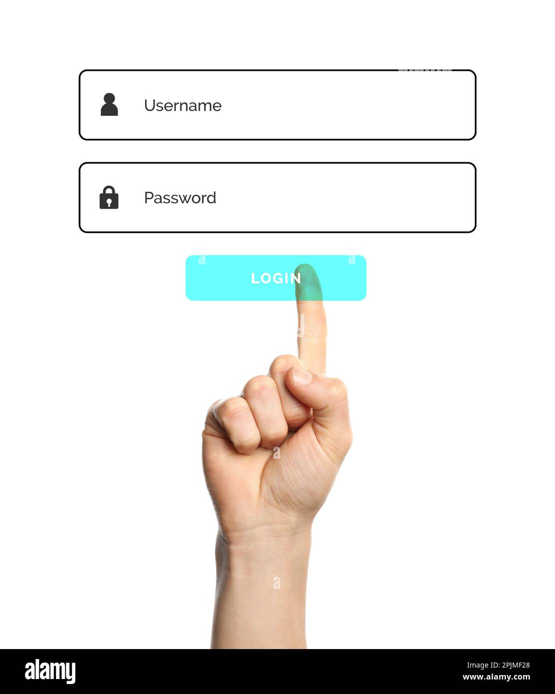 Illustration of authorization interface and woman pressing button LOGIN ...