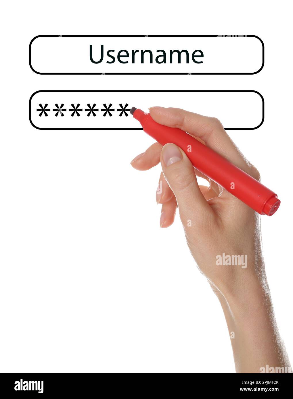 Illustration of authorization interface and woman with marker on white ...