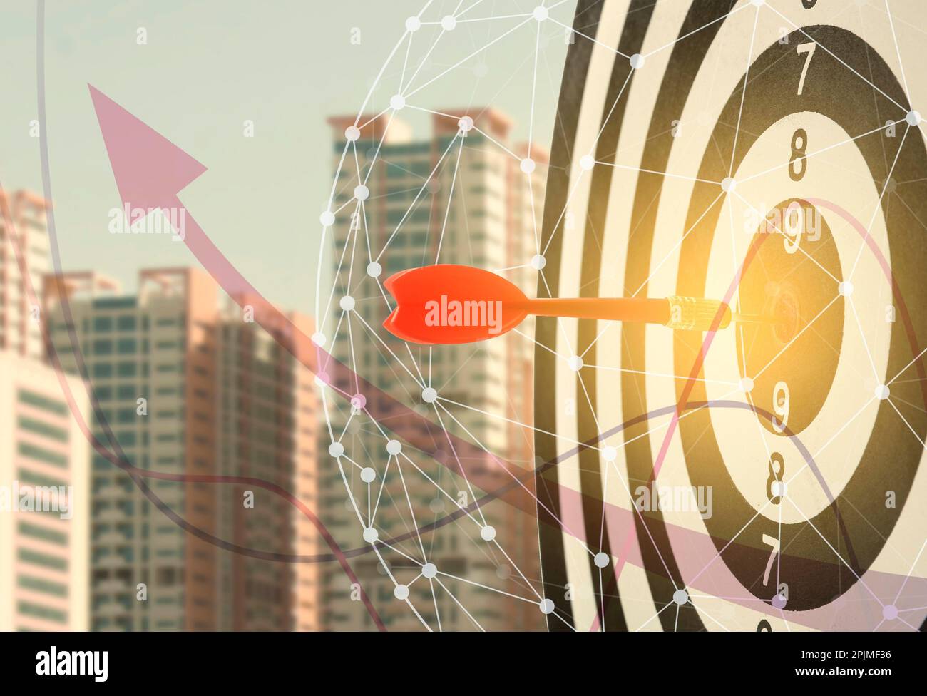 Darts hitting target on board, graph illustration and blurred of view ...