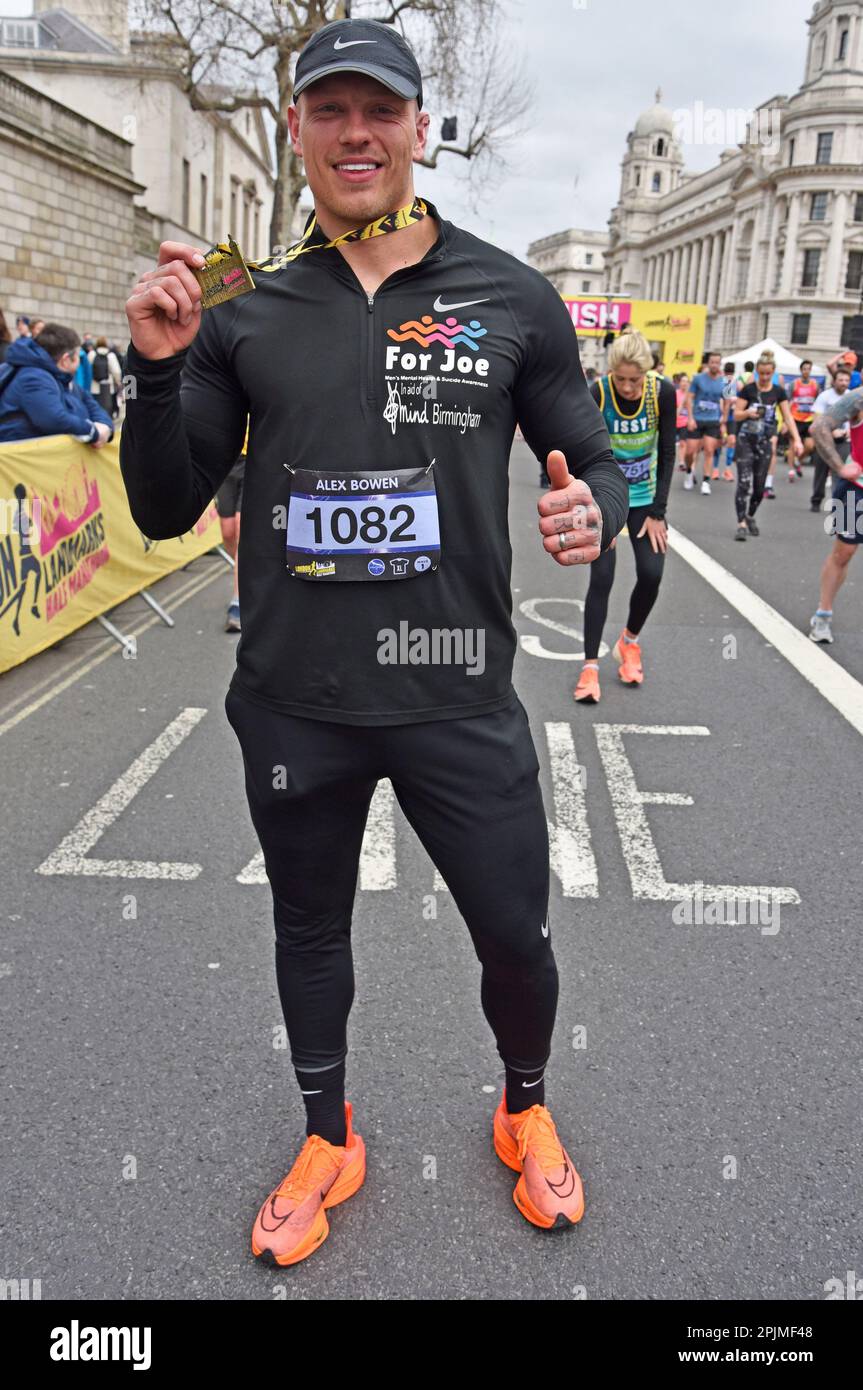 London UK. 2 April 2023. Alex Bowen at the Finish of the 2023 London ...