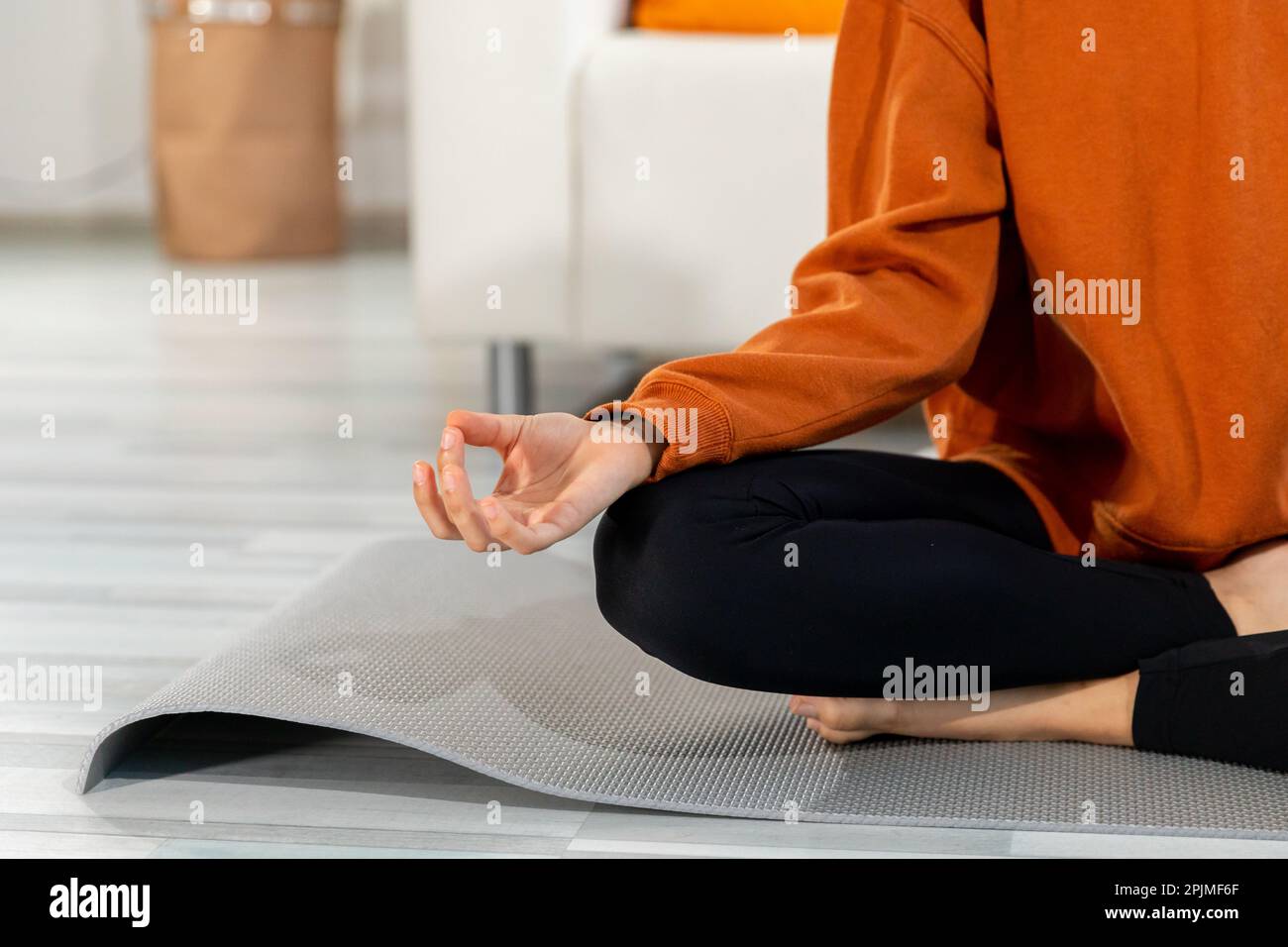 Yoga mindfulness meditation. Woman hands in chin mudra gesture. African ...