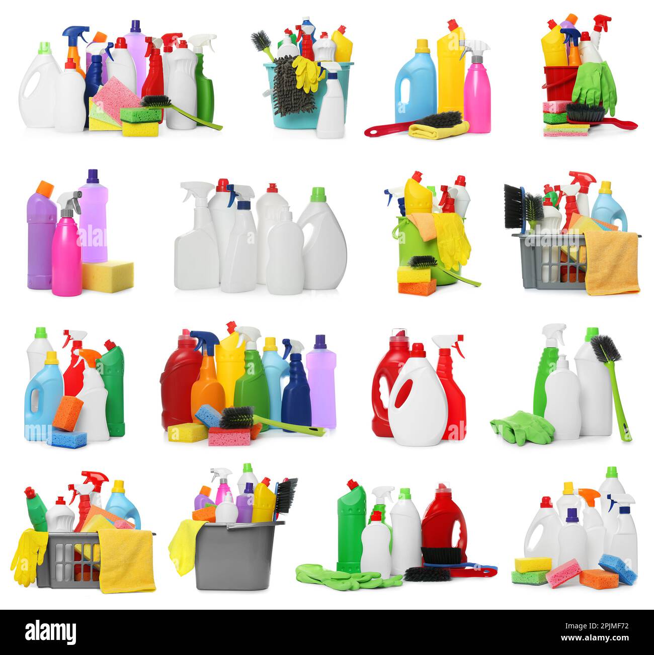 Set with different cleaning products and tools on white background ...