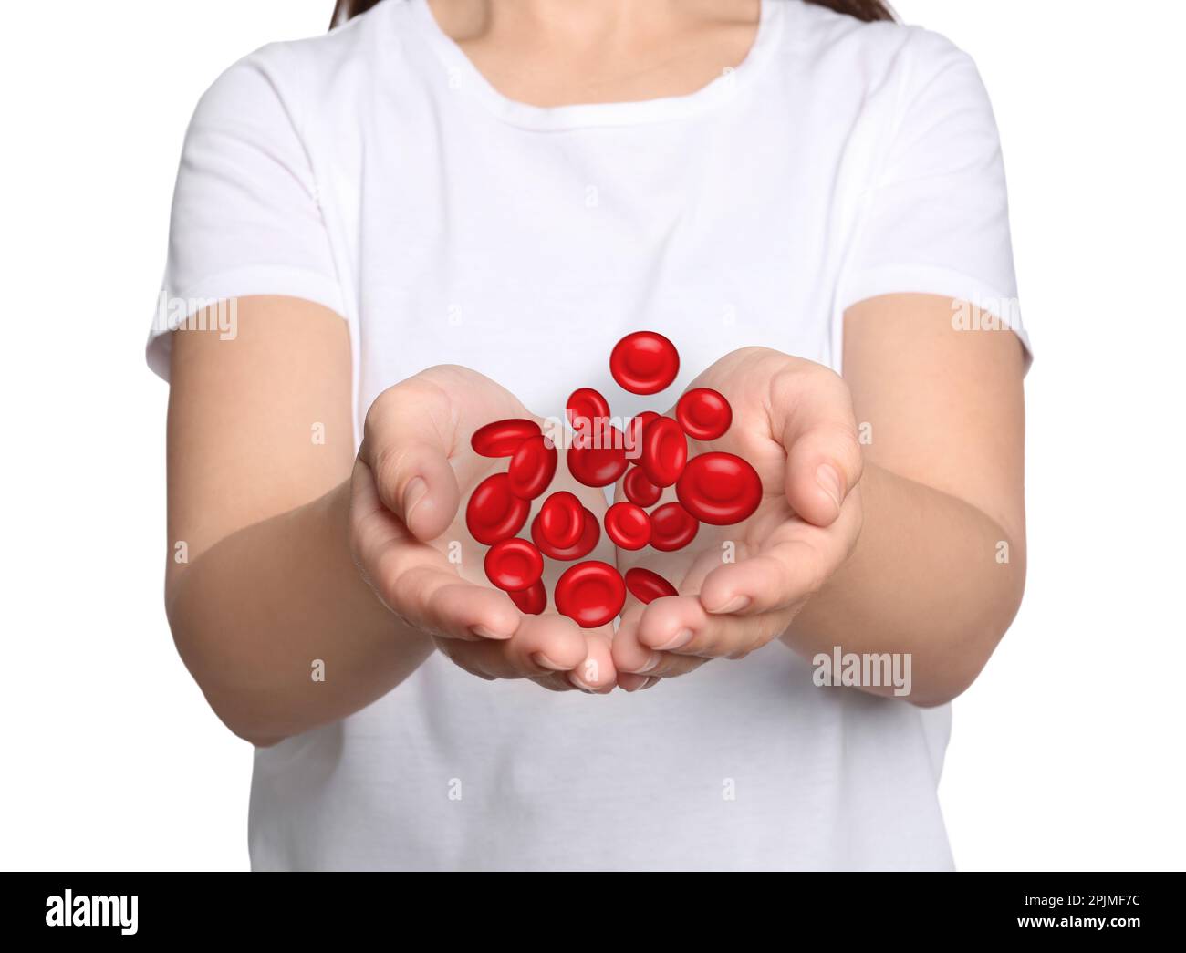 Young woman and illustration of red blood cells on white background ...
