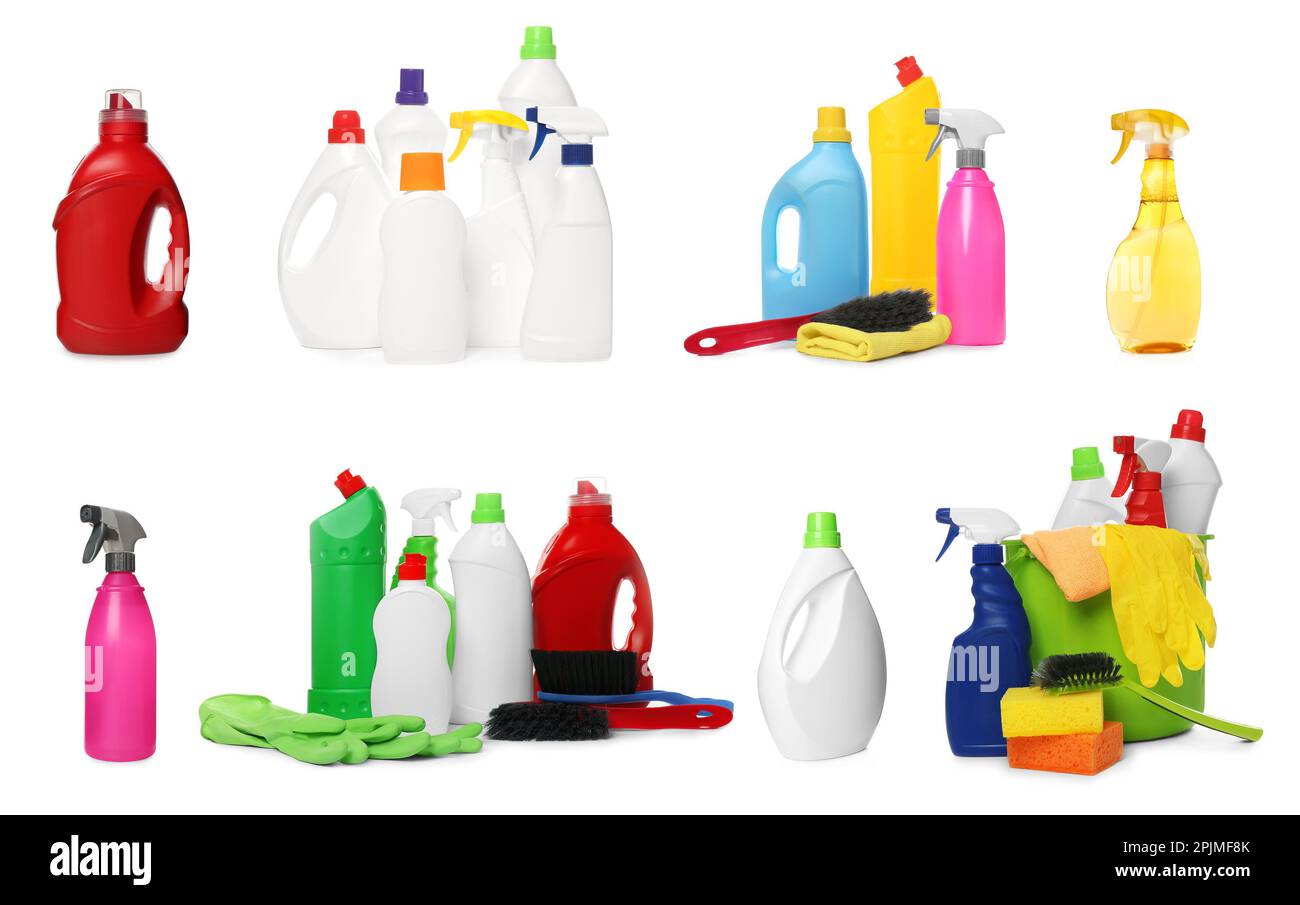 Set with different cleaning products and tools on white background ...