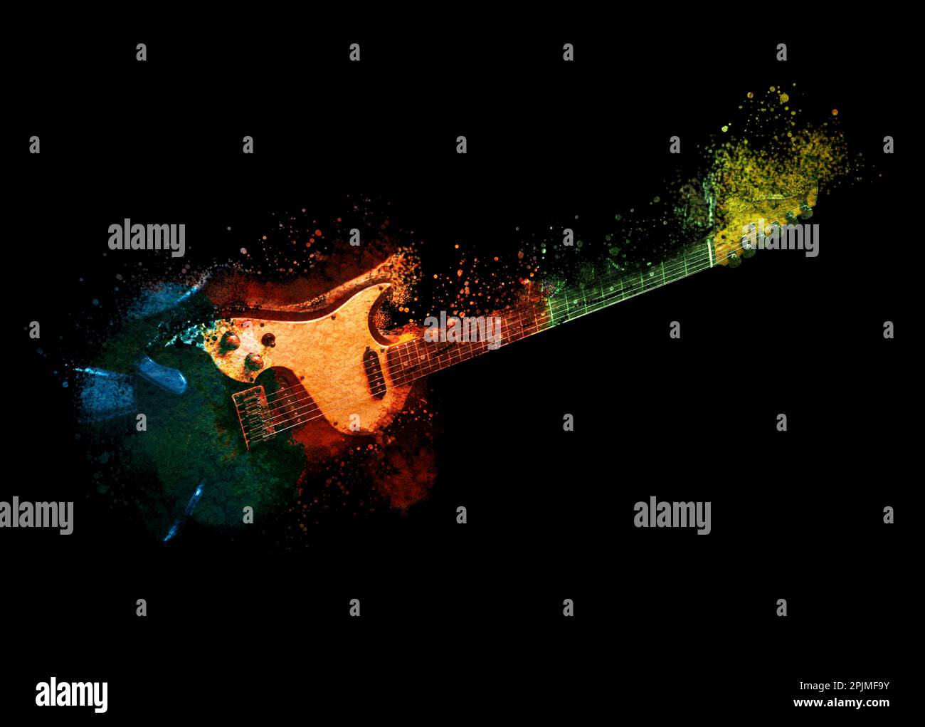 Bright colorful design with electric guitar on black background. Rock ...