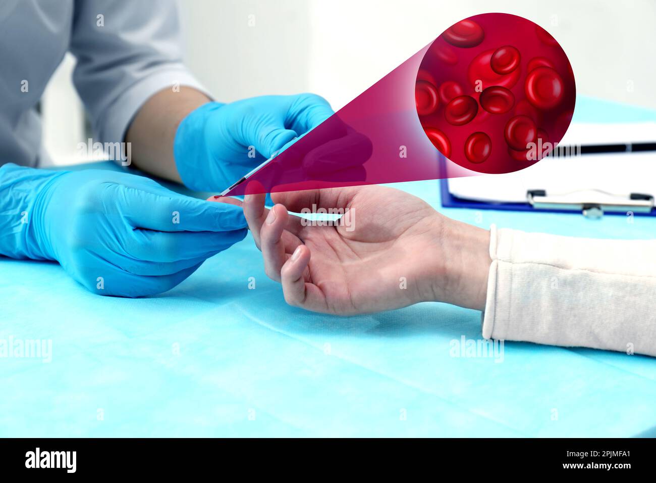 Doctor taking blood sample from patient's finger at table in clinic ...