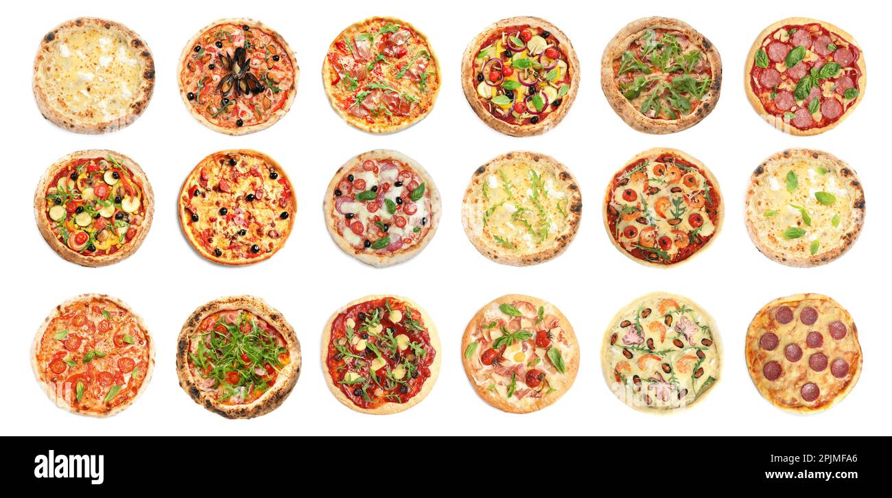 Set with different delicious pizzas on white background, top view ...