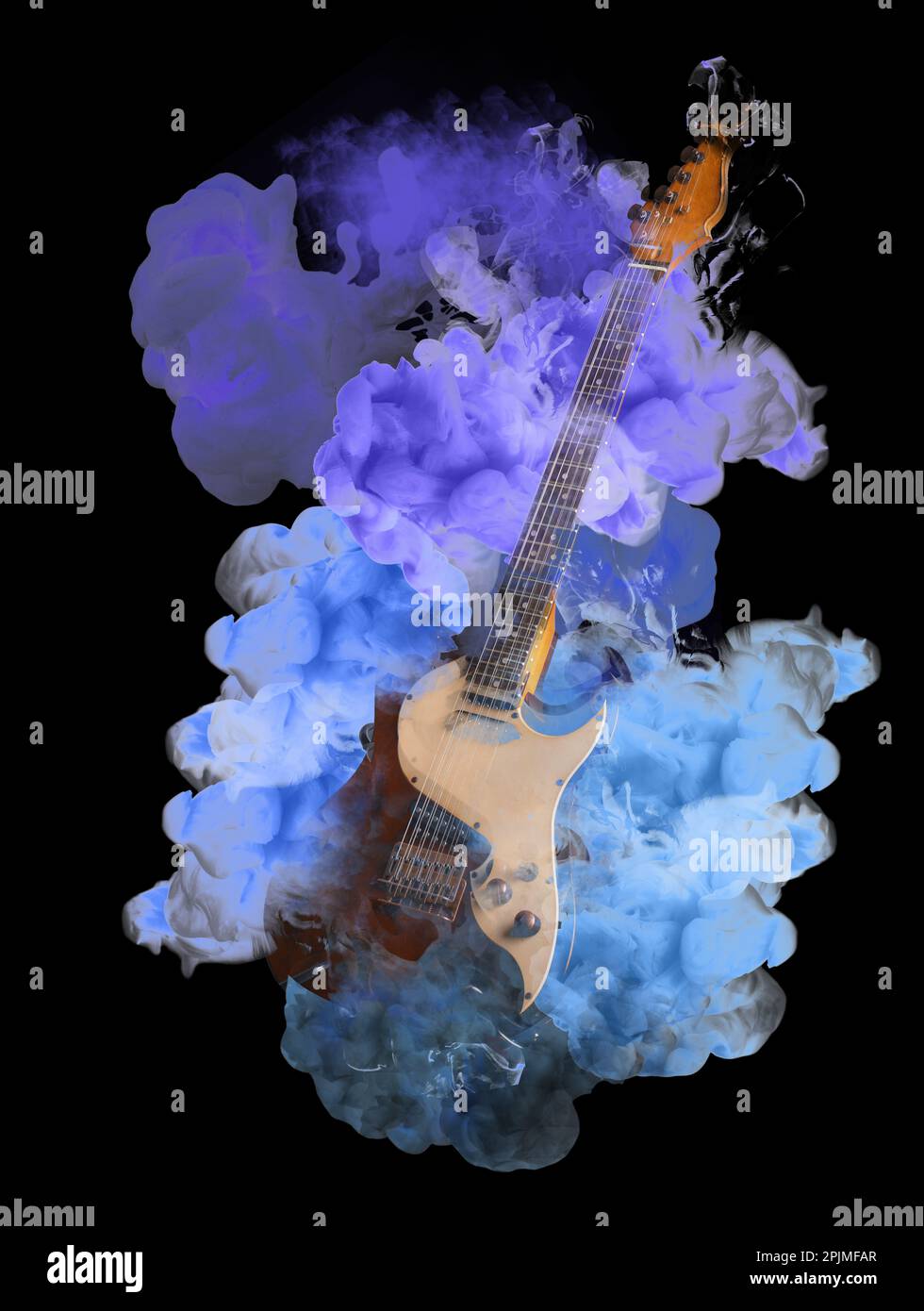 Electric guitar in colorful smoke on black background, stylish design ...