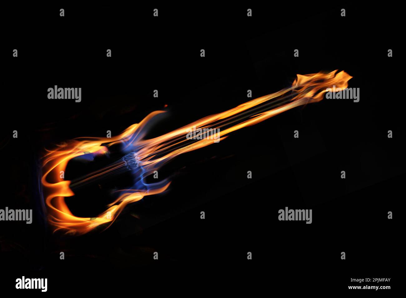 Flaming electric guitar on black background, bright design, Rock music ...