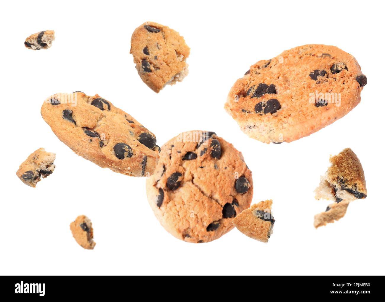 Delicious chocolate chip cookies falling on white background Stock ...