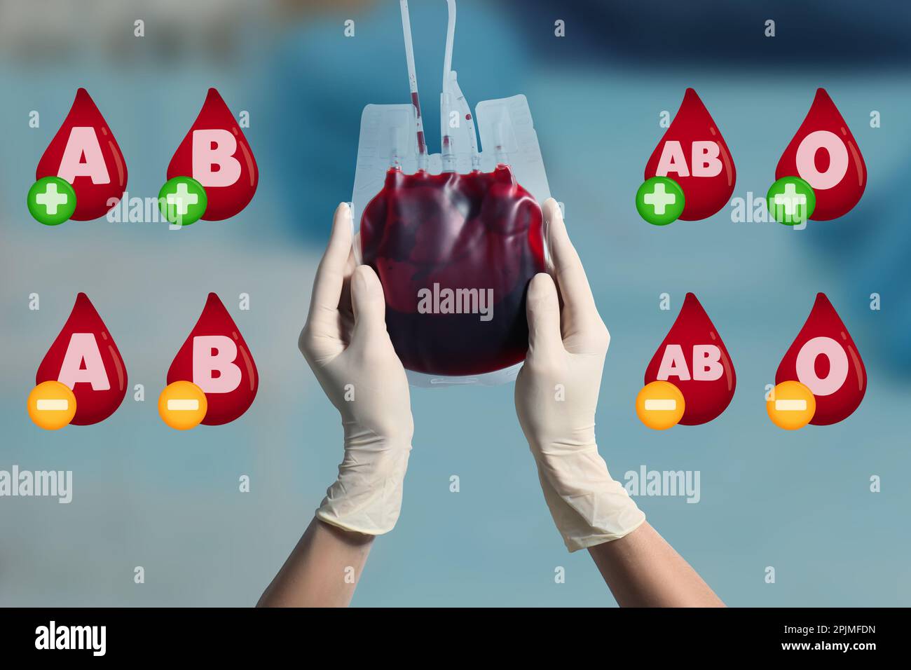 Images of drops representing different blood types and doctor with ...