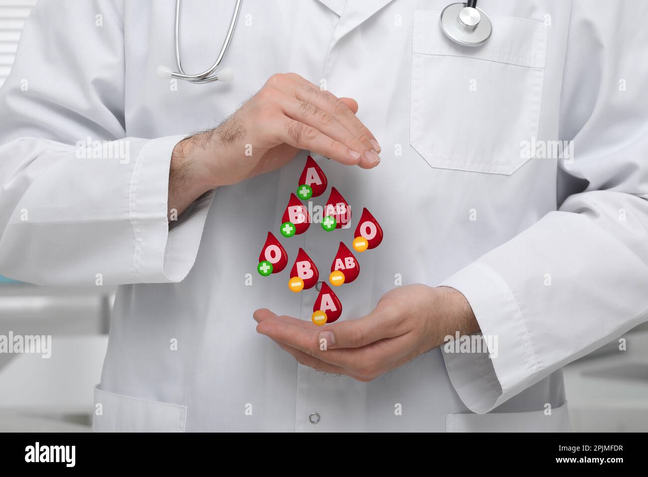Images of drops representing different blood types and doctor, closeup ...