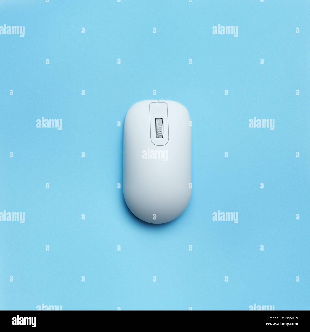 Modern wireless computer mouse on light blue background, top view Stock ...