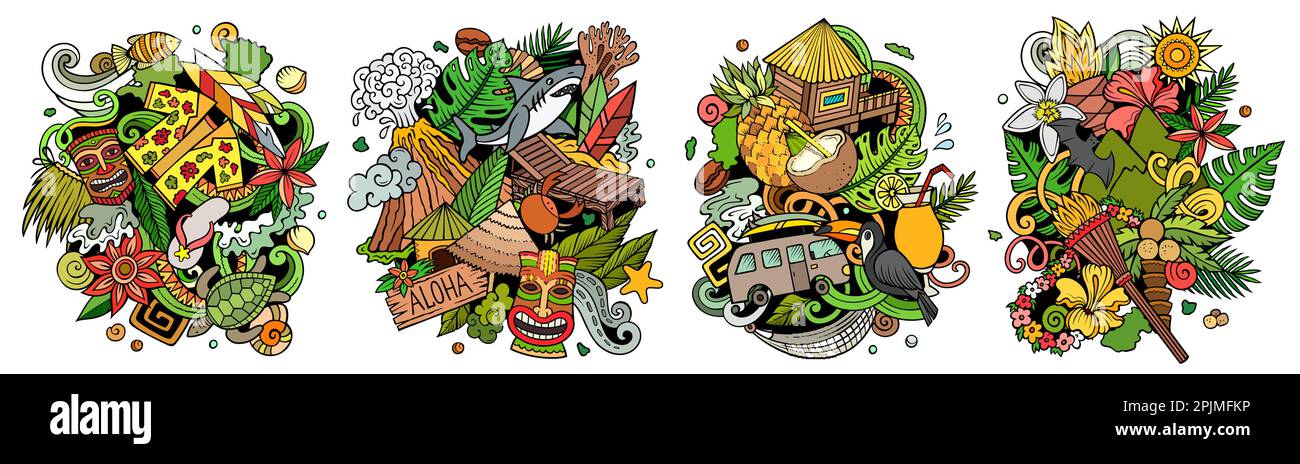 Hawaii cartoon vector doodle designs set. Colorful detailed ...