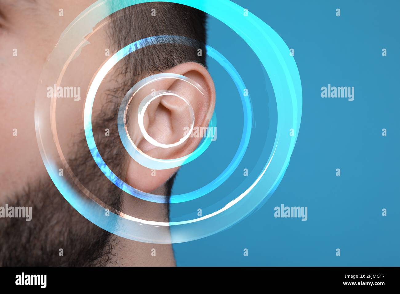 Hearing loss concept. Man and sound waves illustration on light blue ...