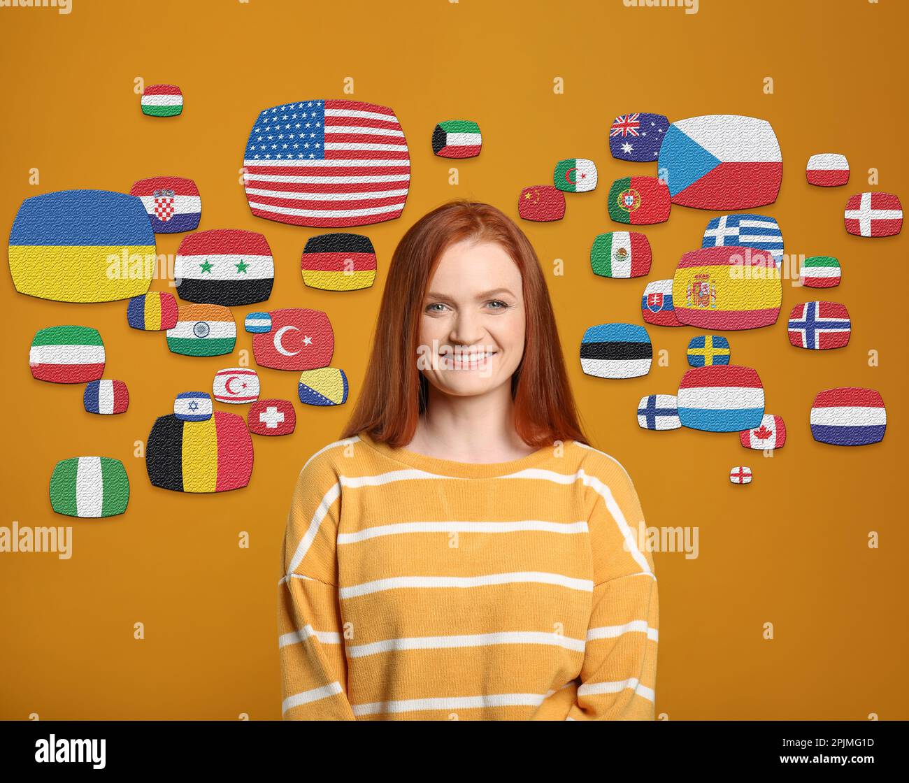 Portrait of interpreter and flags of different countries on yellow ...