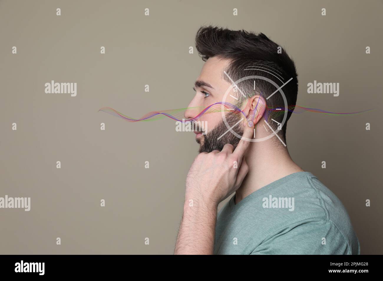 Hearing loss concept. Handsome man and sound waves illustration on ...