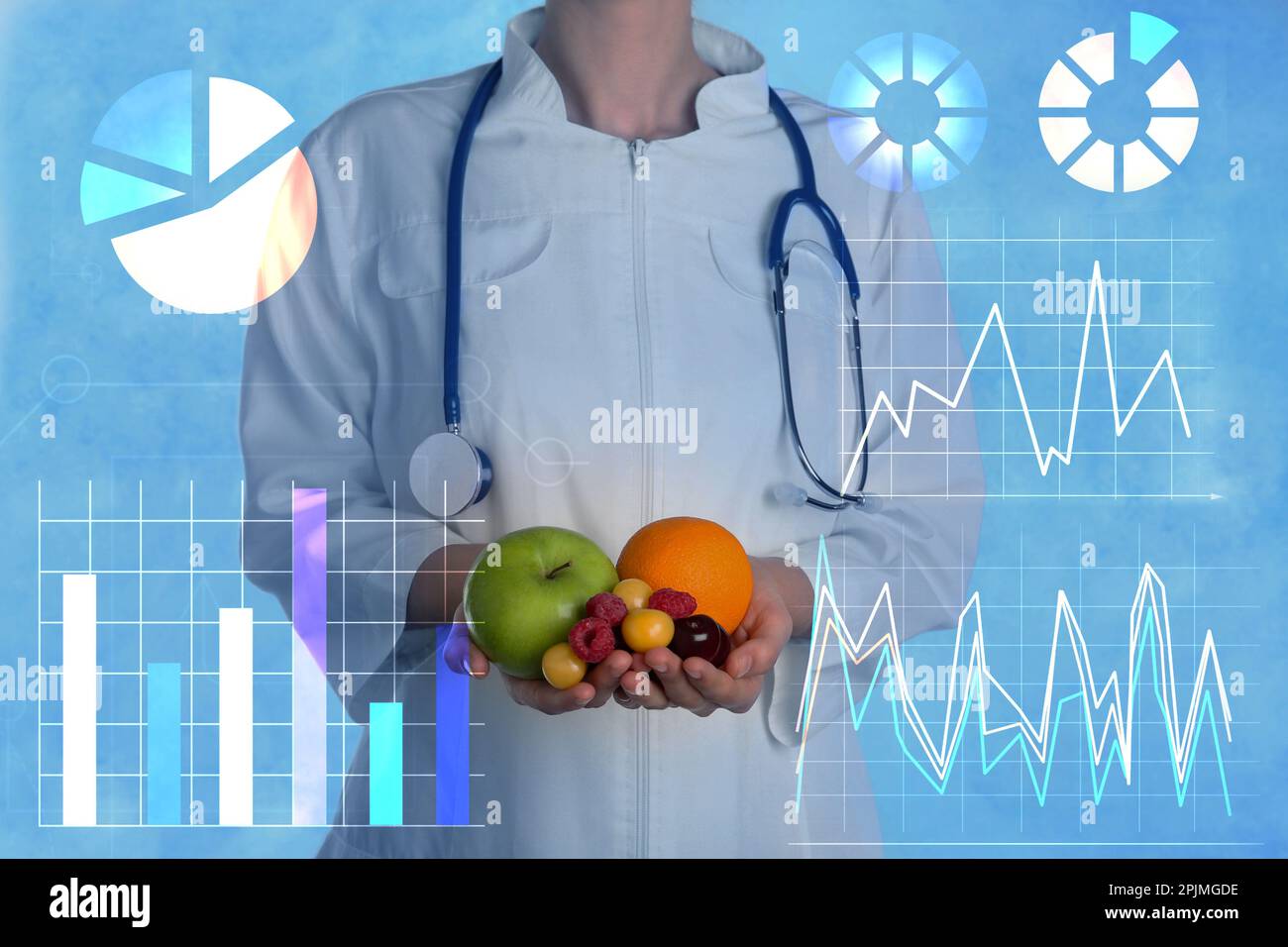 Nutritionist with ripe fruits on light blue background and illustration ...