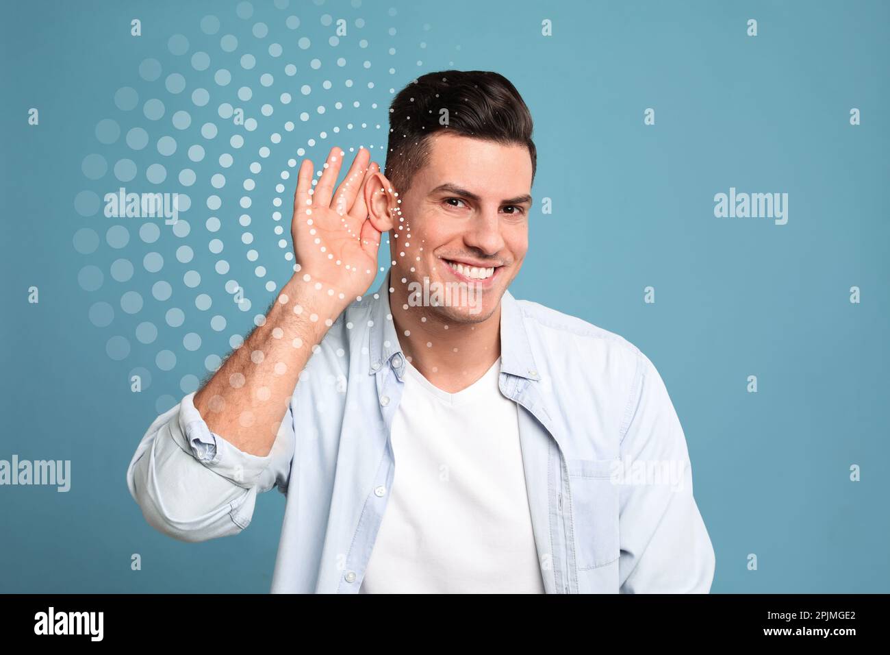 Handsome man and sound illustration on light blue background. Hearing ...