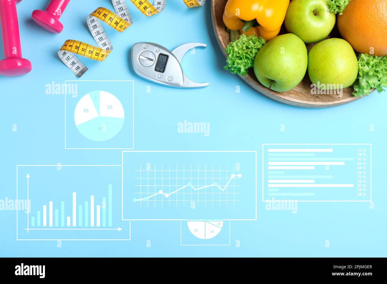 Tasty fruits, vegetables, dumbbells, measuring tape, digital caliper ...