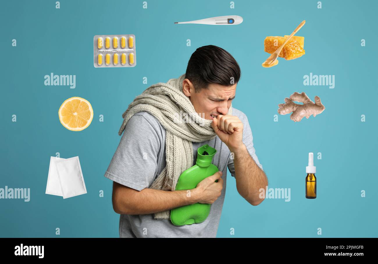 SIck man with hot water bottle surrounded by different drugs and ...