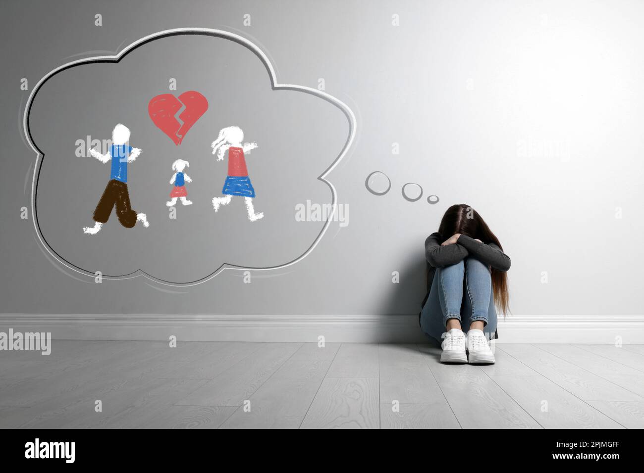 Girl upset because of parents divorce at home. Illustration of broken ...