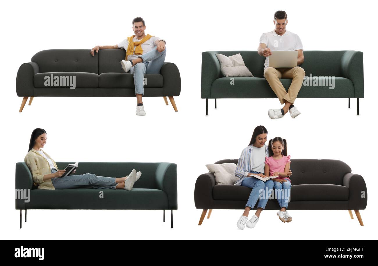 Collage with photos of people sitting on different stylish sofas ...