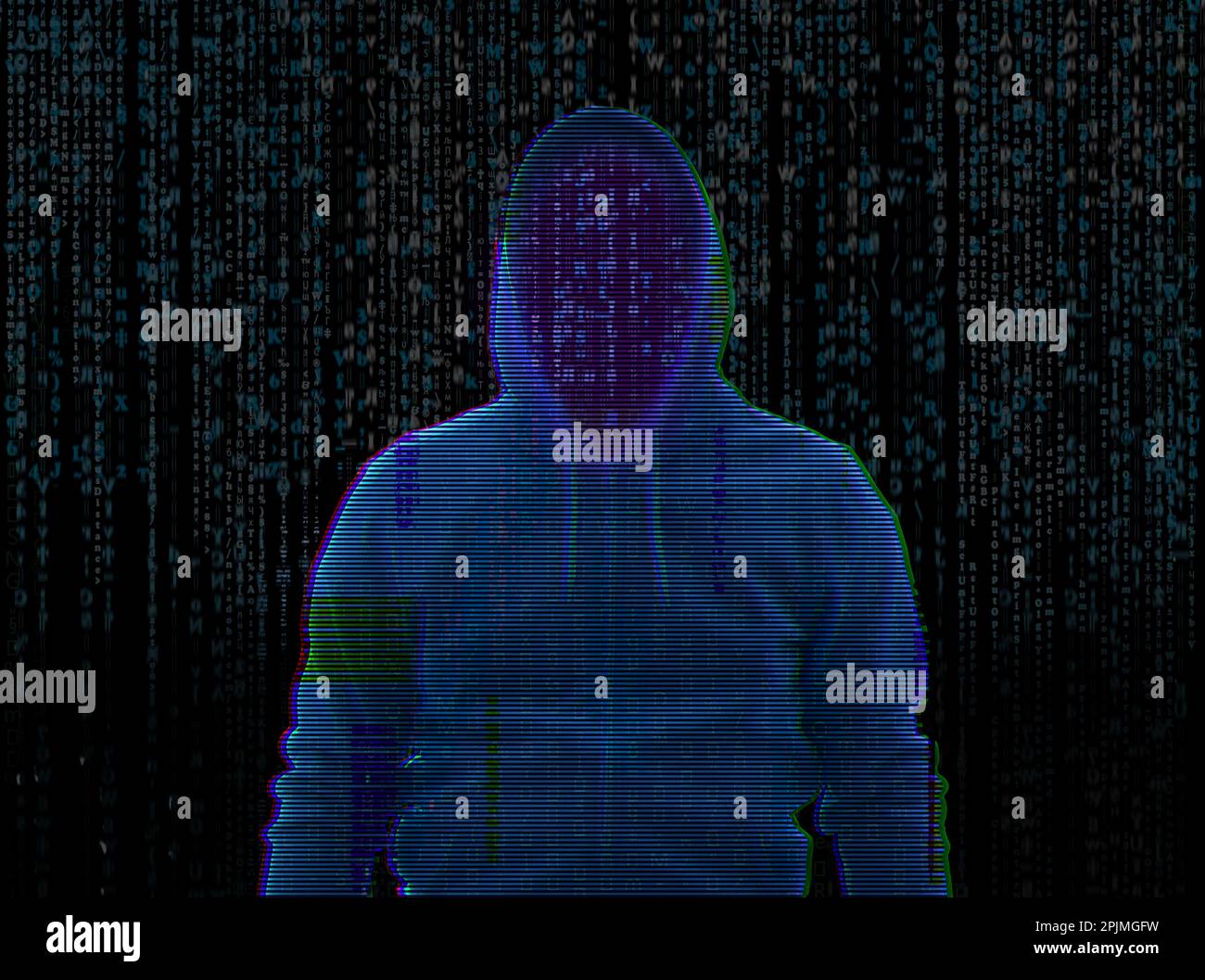 Silhouette of anonymous hacker and digital binary code on dark background. Cyber attack concept ...