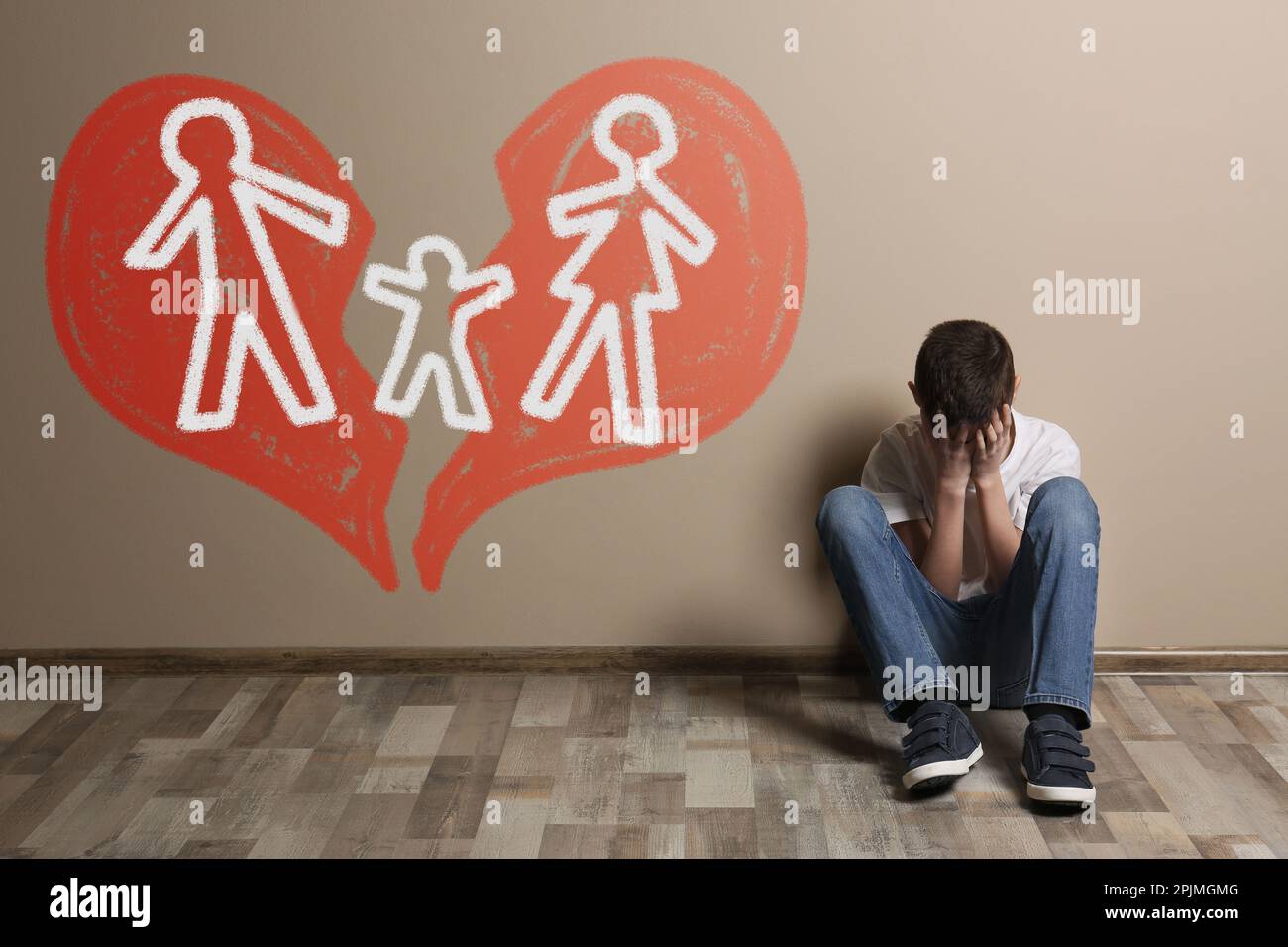 Boy upset because of parents divorce at home. Illustration of broken ...